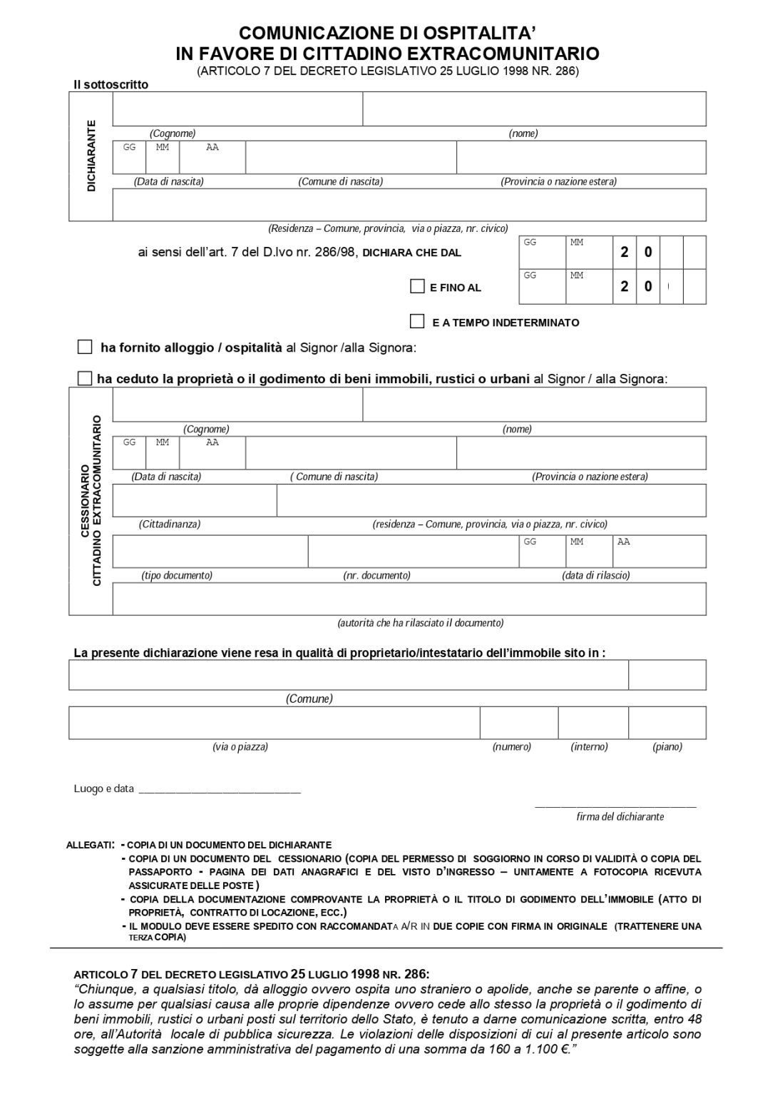 Dichiarazione di ospitalità e cessione fabbricato - Guida